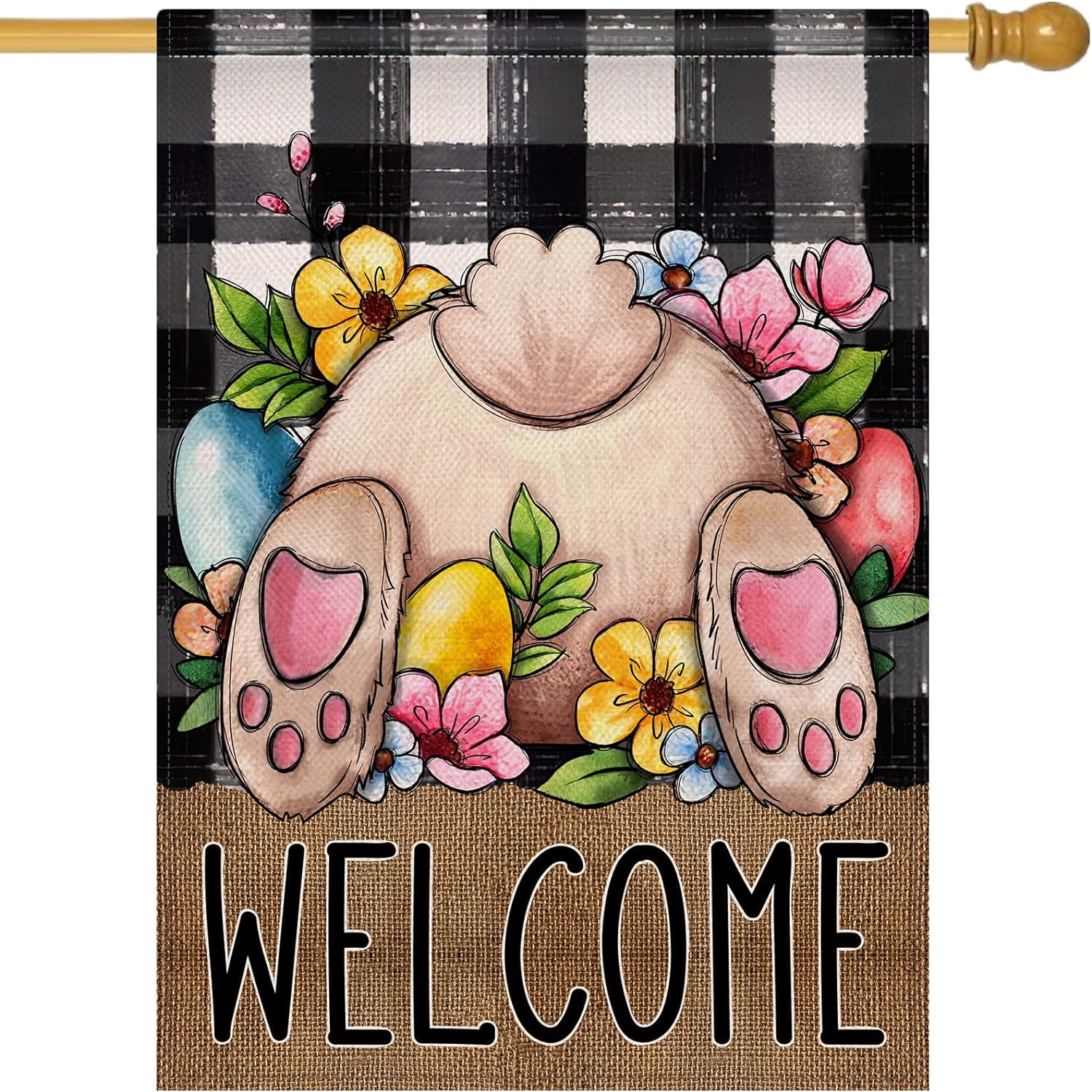 Welcome Easter Bunny Rabbit Large Decorative House Flag, Egg Flowers ...