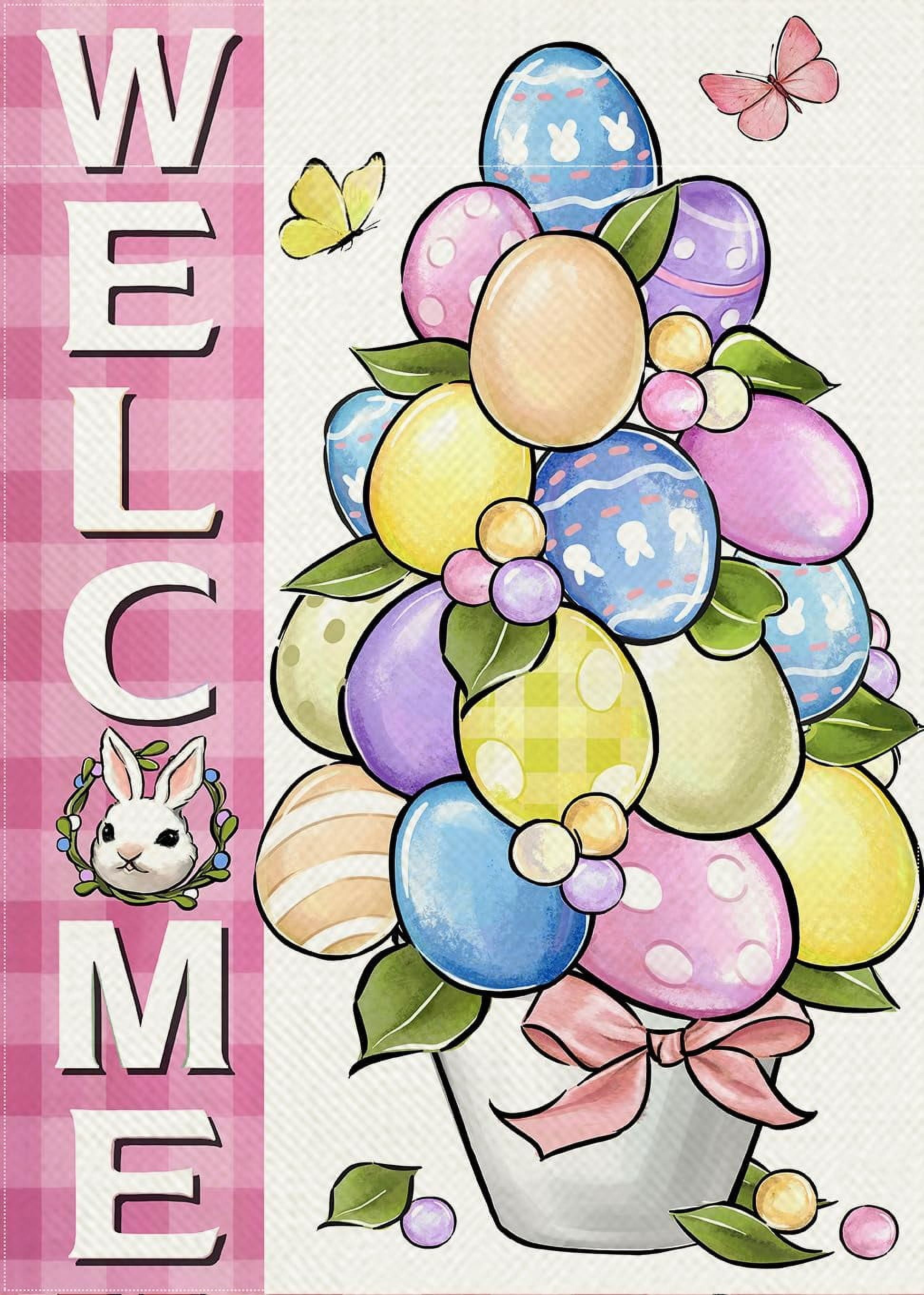 Welcome Easter Eggs Decorative Garden Flag, Bunny Rabbit Pink Plaid ...