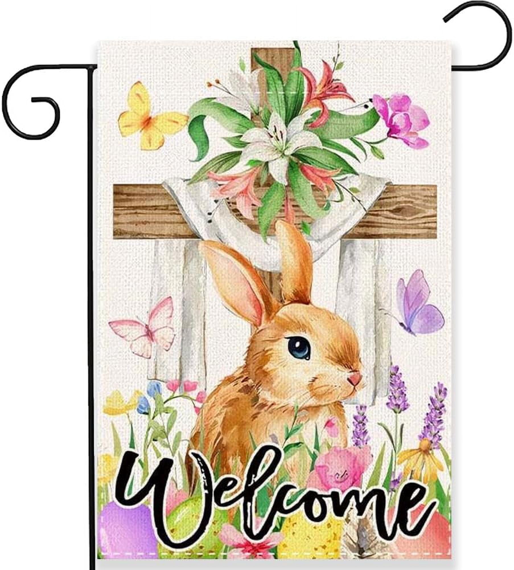 Welcome Easter Garden Flag Bunny Cross Flowers Double Sided Rabbit ...