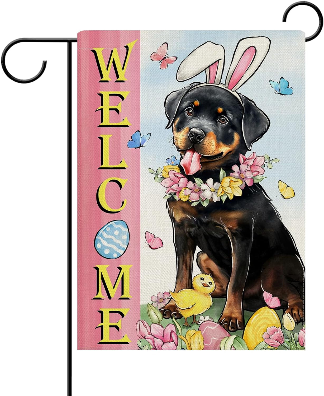 Welcome Easter Rottweiler Dog Decorative Garden Flag, Puppy Bunny Ears ...