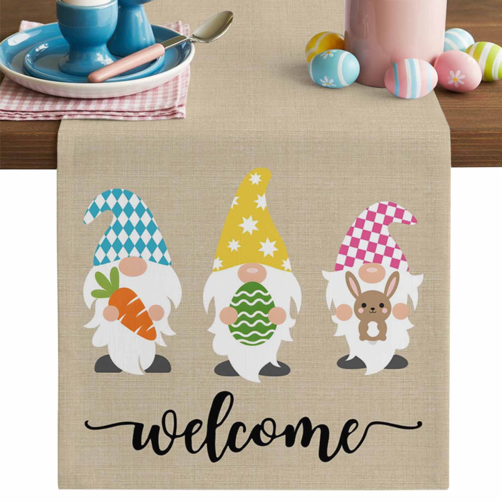 Welcome Easter Table Runner, Simple Cute Gnome with Carrot Egg Rabbit ...