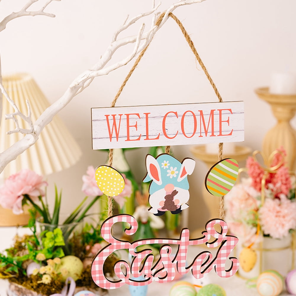 Welcome Easter Wooden Hanging Sign Bunny Rabbit Gnome Door Wall ...