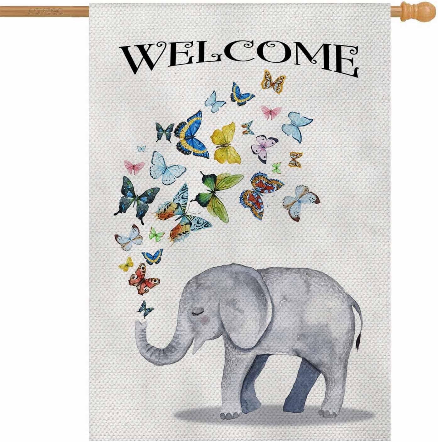 Welcome Elephant Butterflies House Flag Vertical Double Sided Burlap ...