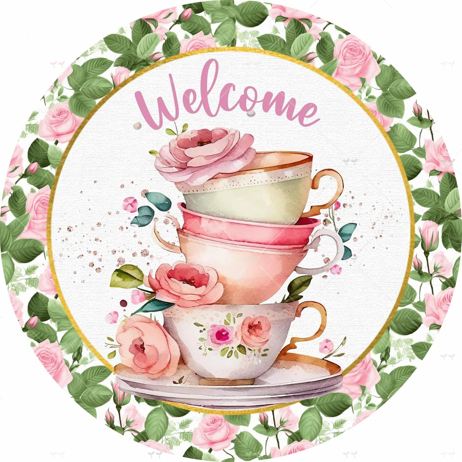 Welcome English Tea Cups And Roses Metal Sign Rustic Plaque Sign For ...