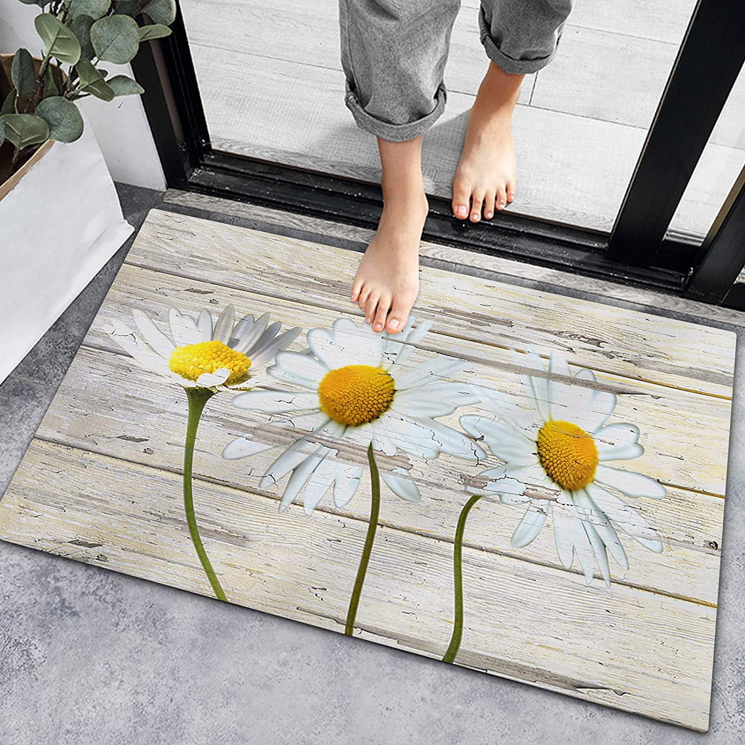 Welcome Entryway Front Doormat White Daisy Floral Vintage Farm Wood ...