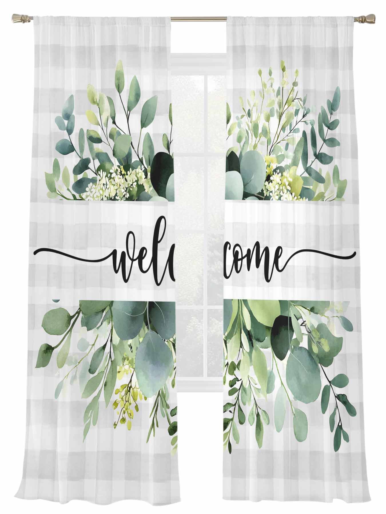 Welcome Eucalyptus Leaves Sheer Curtains 108 Inch Long 2 Panels, Green ...