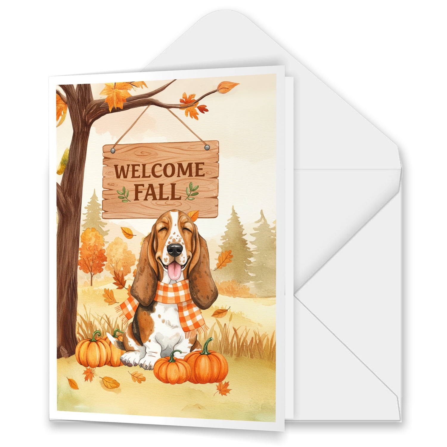 Welcome Fall Basset Hound Cozy Autumn Field Pumpkins Leaves 5x7in ...