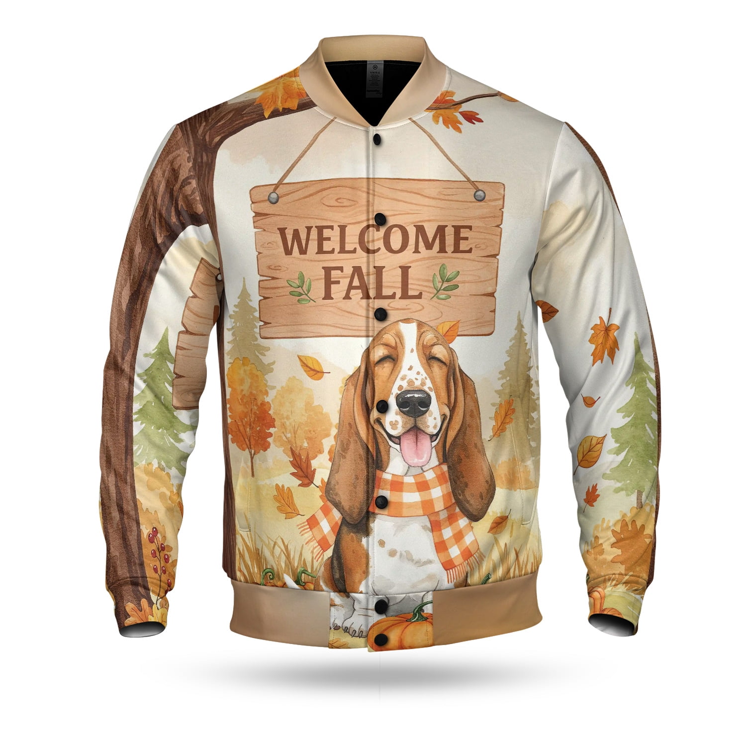 Welcome Fall Basset Hound Cozy Autumn Field Pumpkins Leaves All Over ...