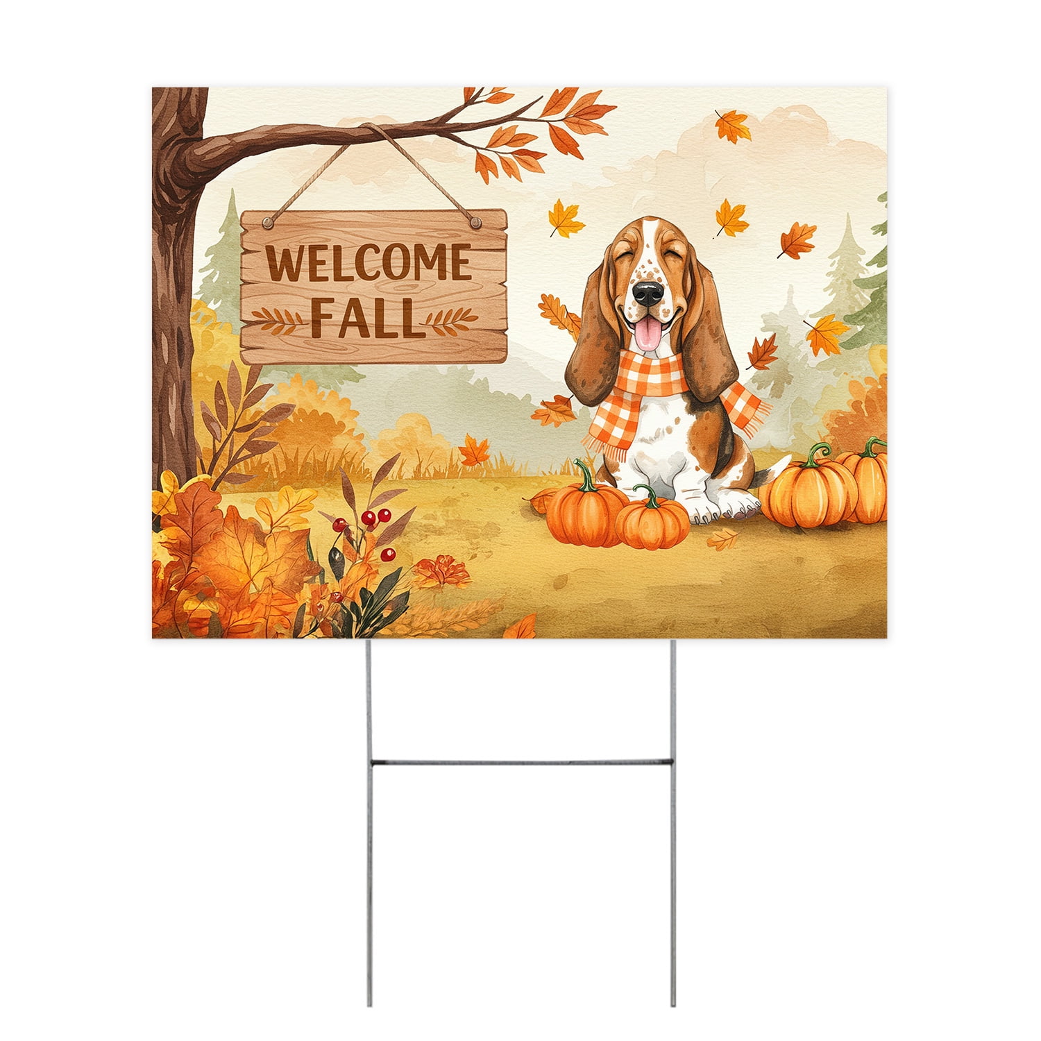 Welcome Fall Basset Hound Cozy Autumn Field Pumpkins Leaves Yard Sign ...