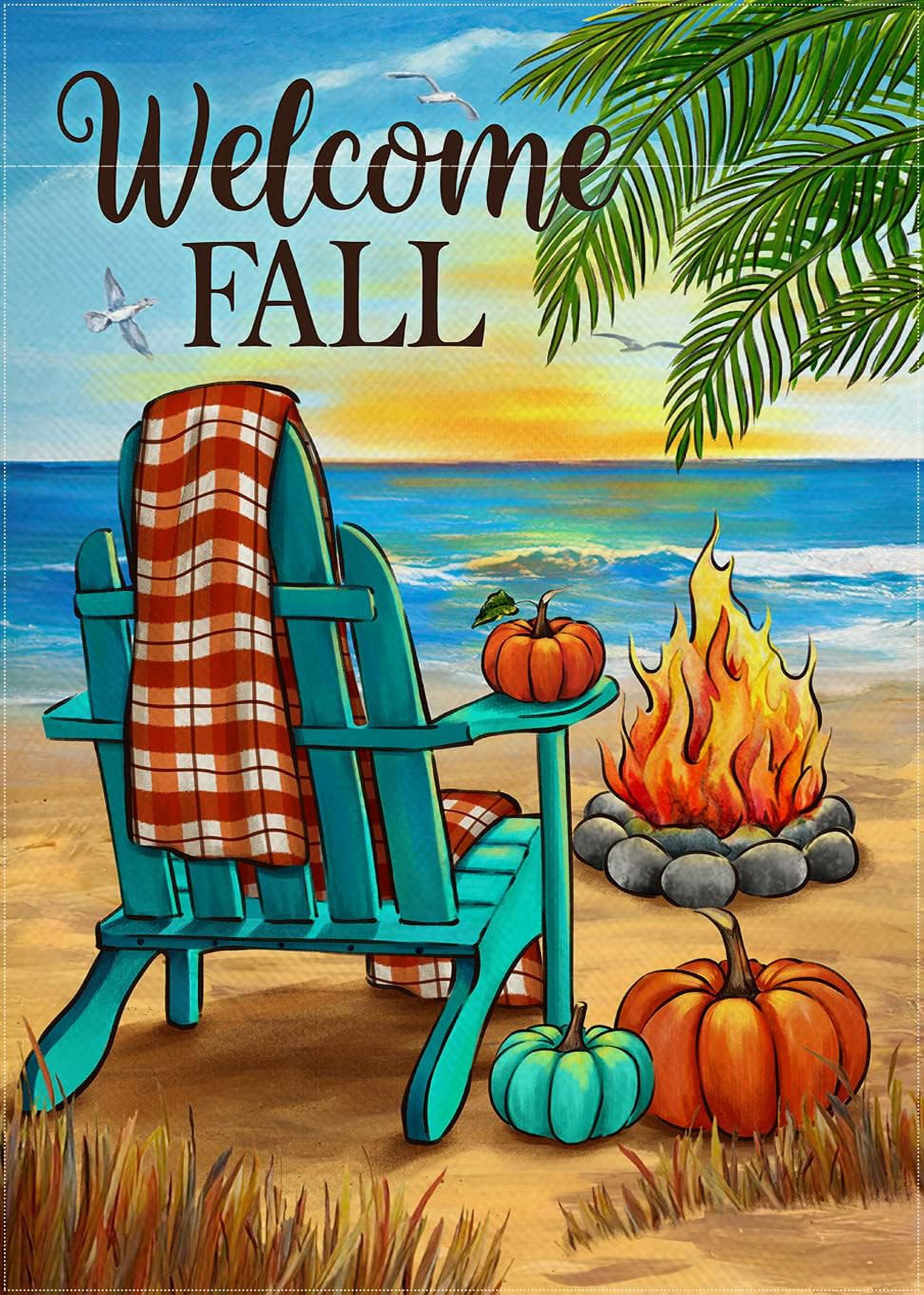 Welcome Fall Beach Pumpkin Decorative Garden Flag, Autumn Sea Ocean ...