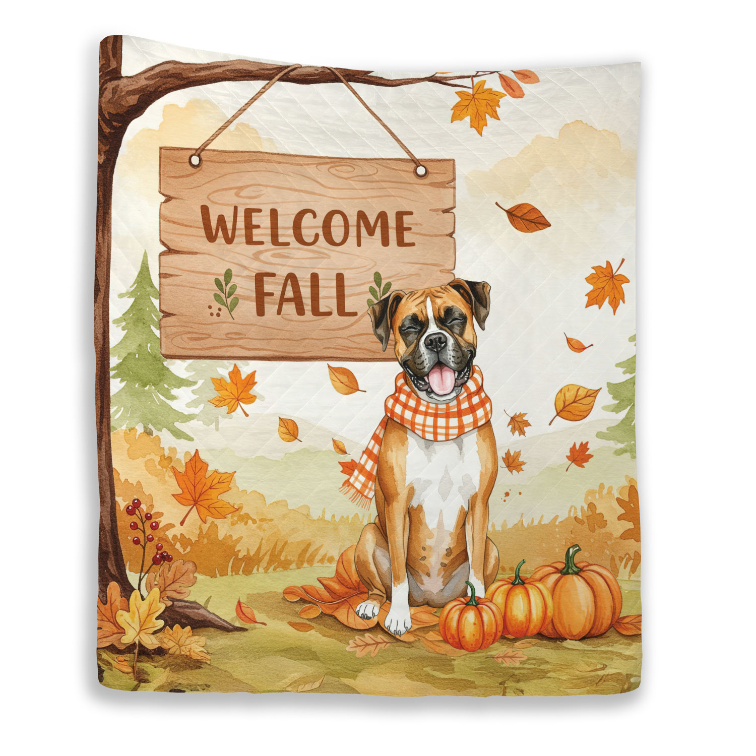 Welcome Fall Boxer Cozy Autumn Field Pumpkins Golden Leaves Quilt ...