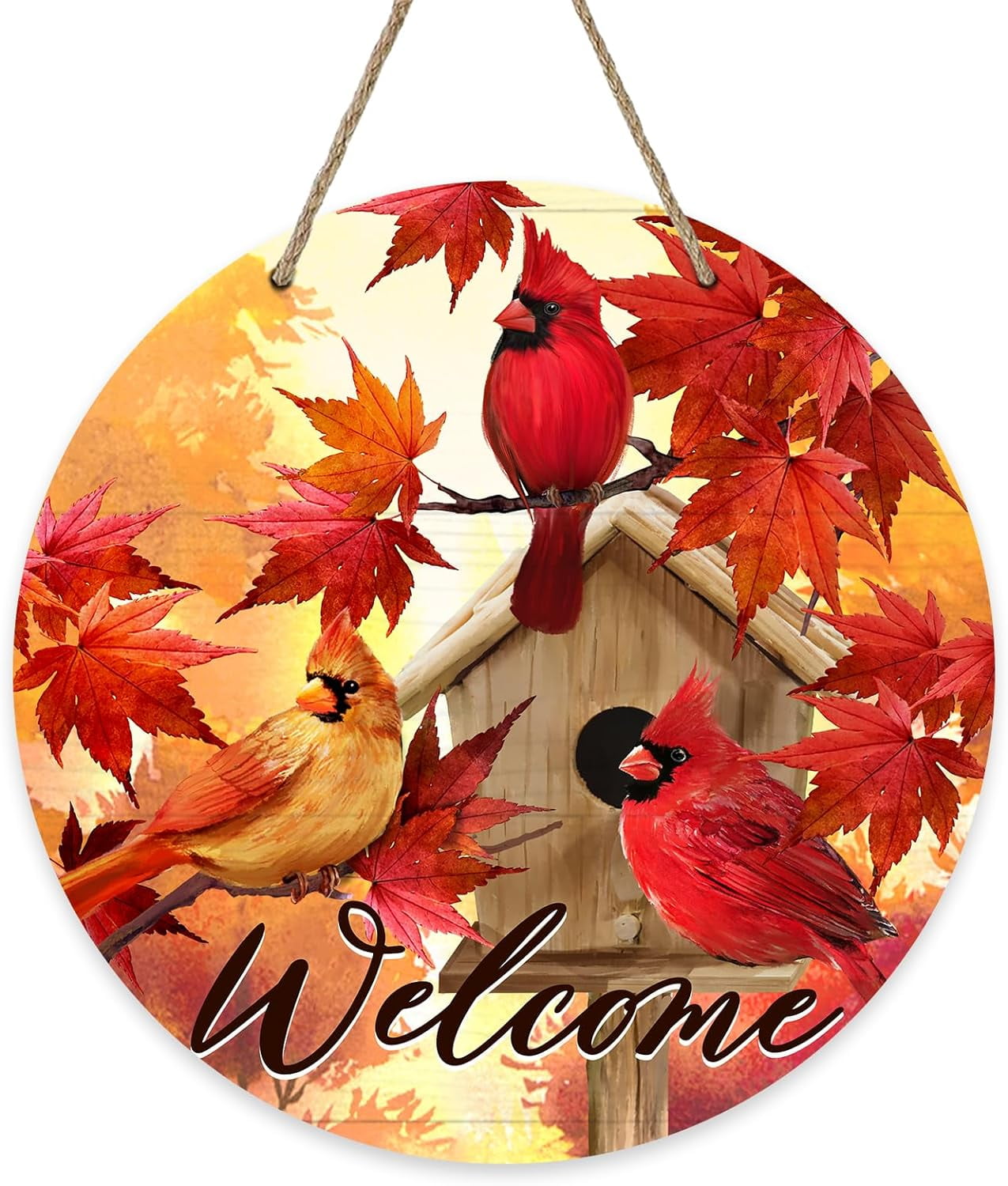 Welcome Fall Cardinal Front Door Sign, Autumn Maple Leaves Red Bird ...