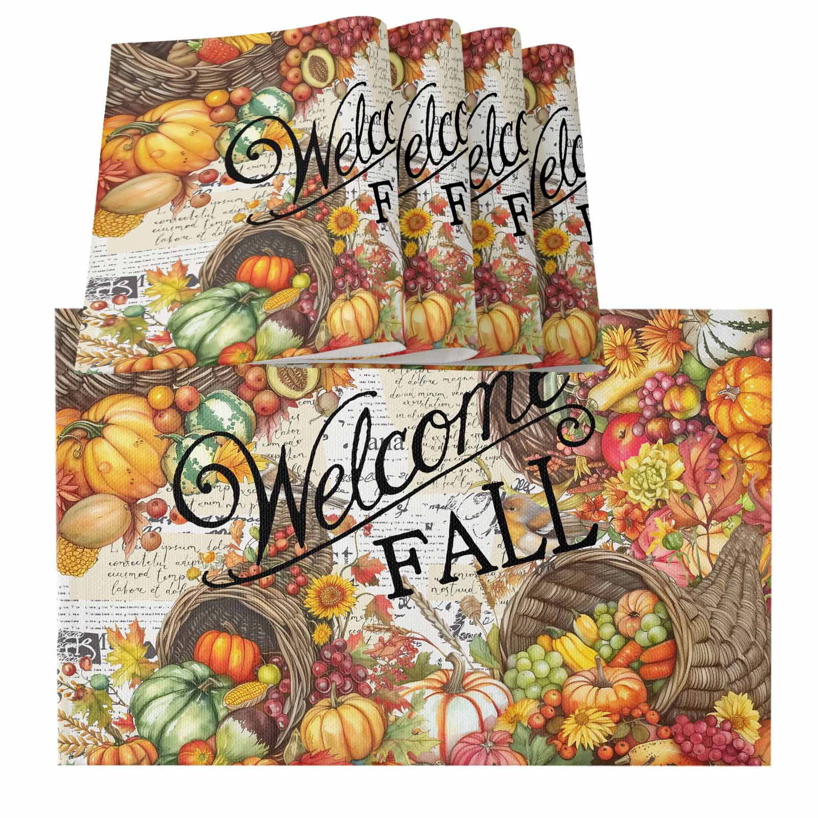 Welcome Fall Farmhouse Thanksgiving Pumpkins Burlap Kitchen Place Mats ...