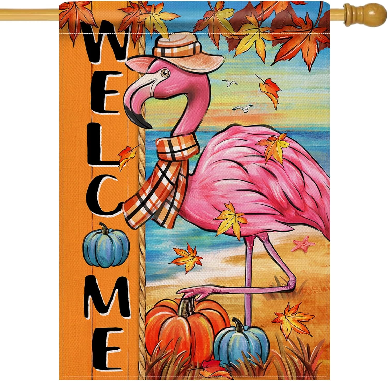 Welcome Fall Flamingo 28 x 40 House Flag Double Sided, Autumn Pumpkin ...