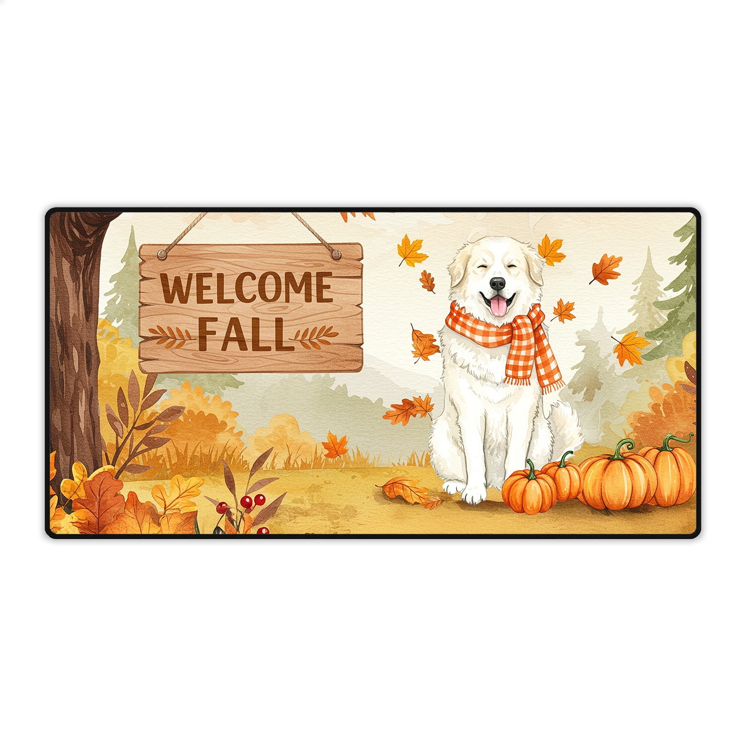Welcome Fall Great Pyrenees Cozy Autumn Field Pumpkins Golden Leaves ...