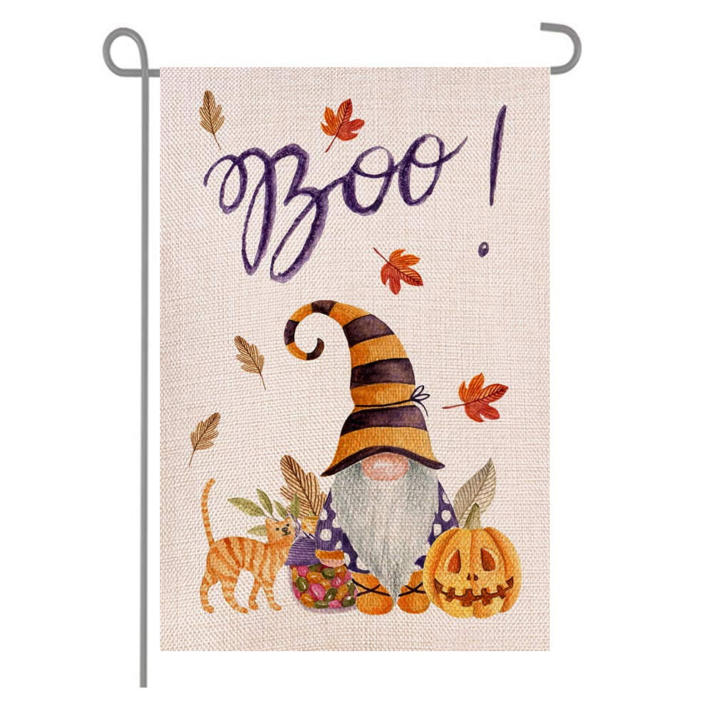 Welcome Fall Halloween Boo Gnome Pumpkins Cat Maple Leaves Double Sided ...