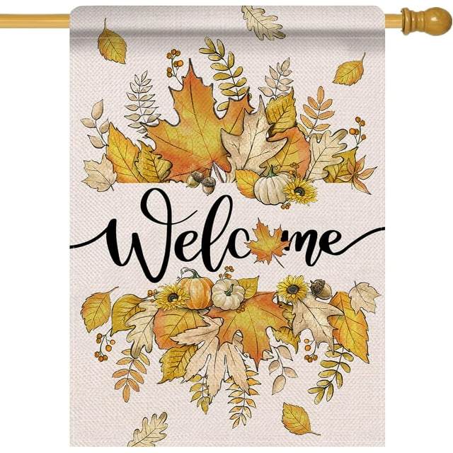 Welcome Fall Maple Leaves Large Decorative House Flag, Autumn Pumpkin ...