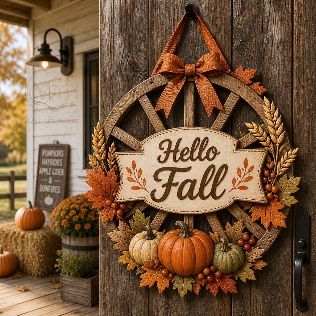 Welcome Fall Pumpkin Door Sign Wagon Wheel Wood Front Door Hanger for ...