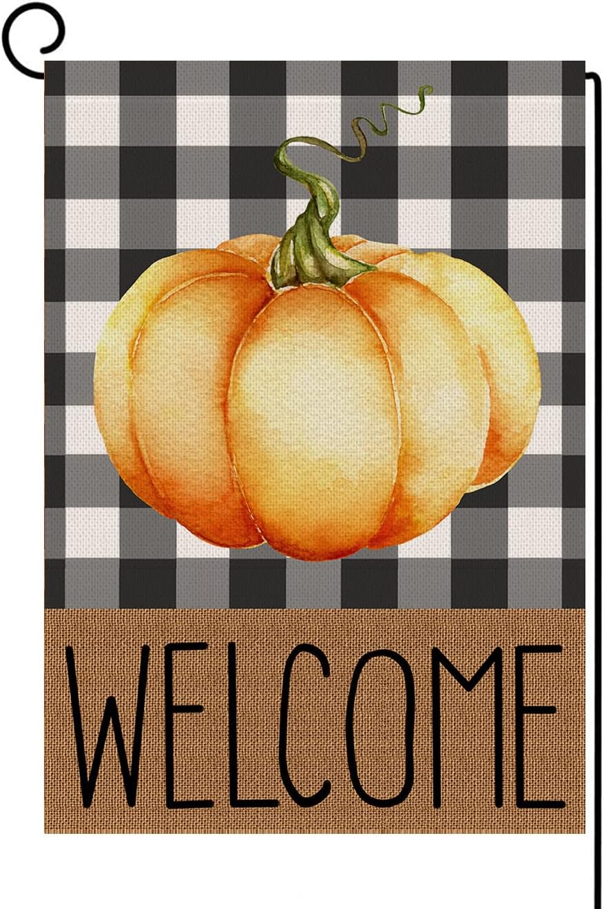 Welcome Fall Pumpkin Garden Flag Vertical Double Sided Buffalo Check ...