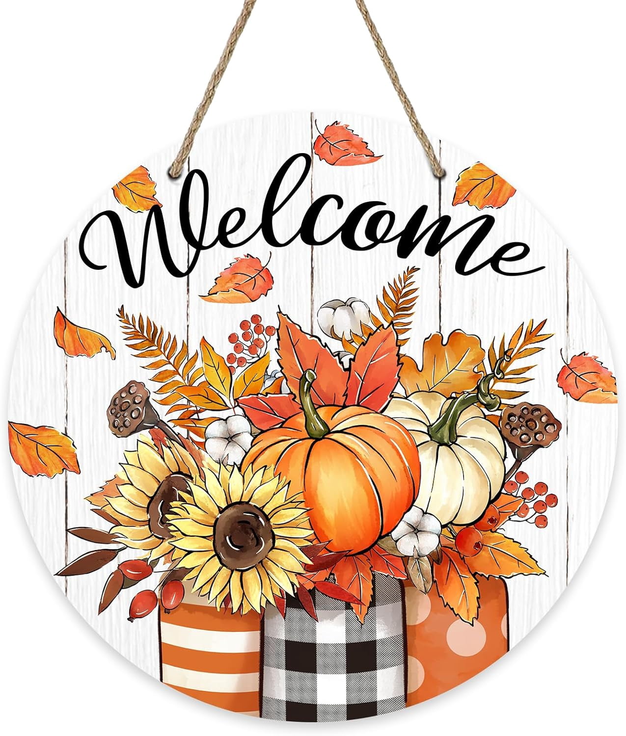 Welcome Fall Pumpkin Sign for Front Door Decor, Autumn Sunflower Leaves ...
