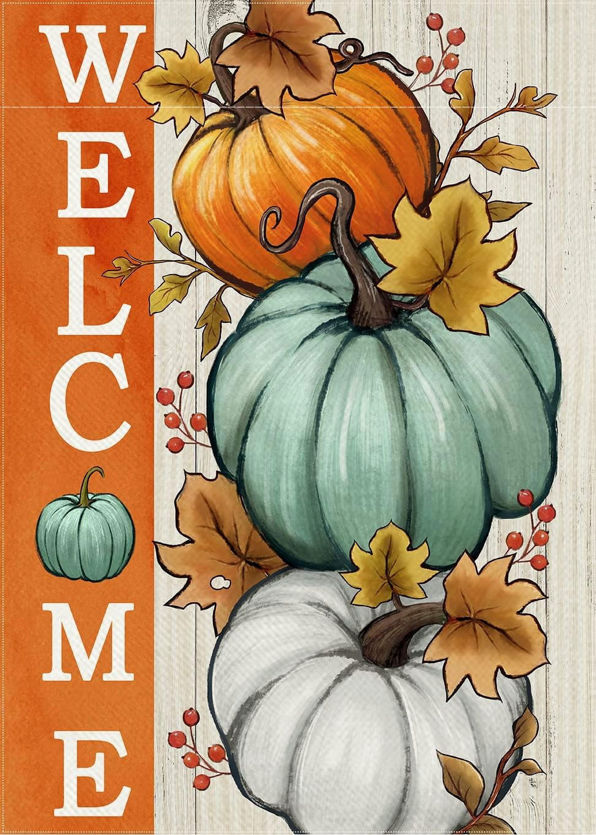 Welcome Fall Pumpkins Decorative Garden Flag, Autumn White Teal Pumpkin ...