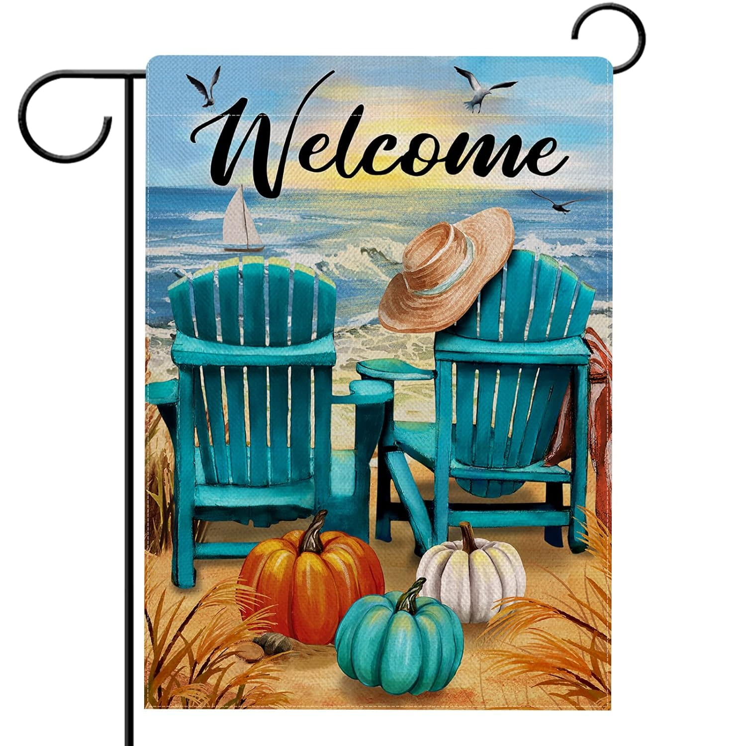 Welcome Fall Sea Pumpkin Garden Flag Double Sided, Autumn Beach Ocean ...
