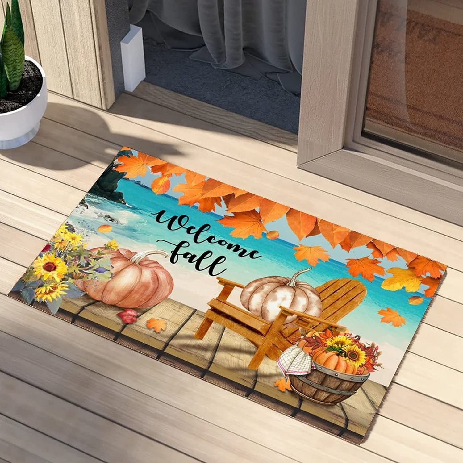 Welcome Fall Seaside Coastal Entry Mat Coconut Coir Fall Decor Pumpkins ...