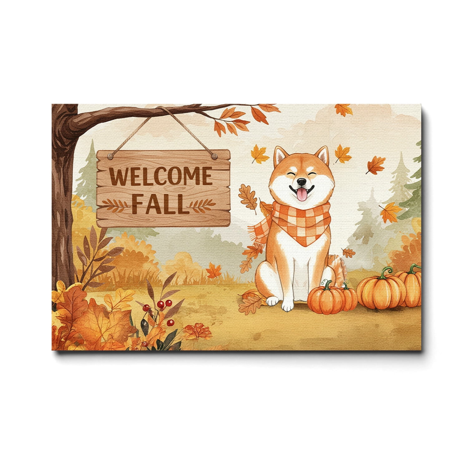 Welcome Fall Shiba Inu Cozy Autumn Field Pumpkins Golden Leaves ...