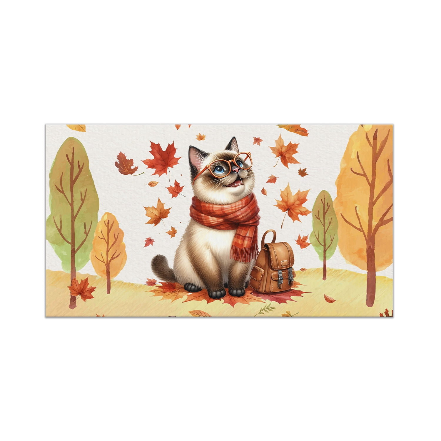 Welcome Fall Siamese Enjoys School Time Autumn Fall Leaves Doormat Cat ...