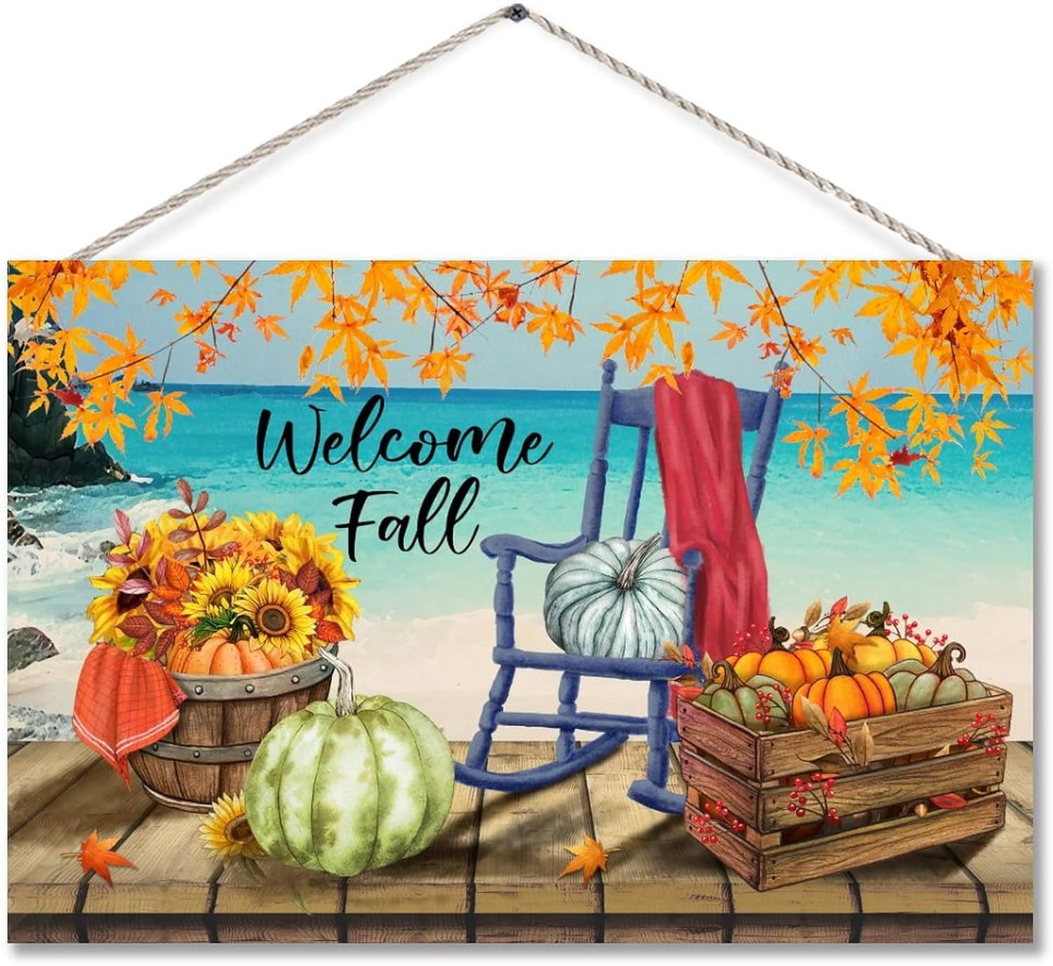Welcome Fall Sign Wooden Pumpkin Maple Sunflower Front Porch Decor ...