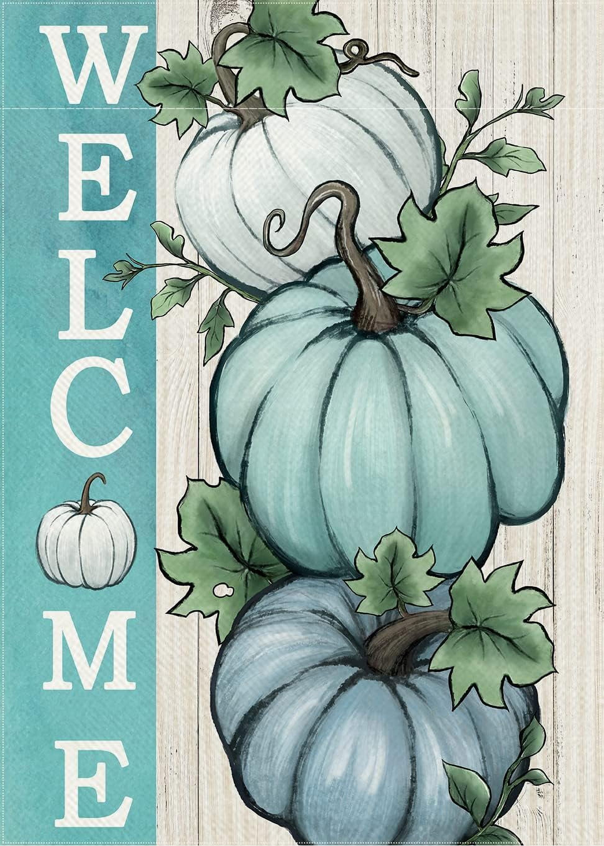 Welcome Fall Teal Blue White Pumpkins Decorative Garden Flag, Autumn ...