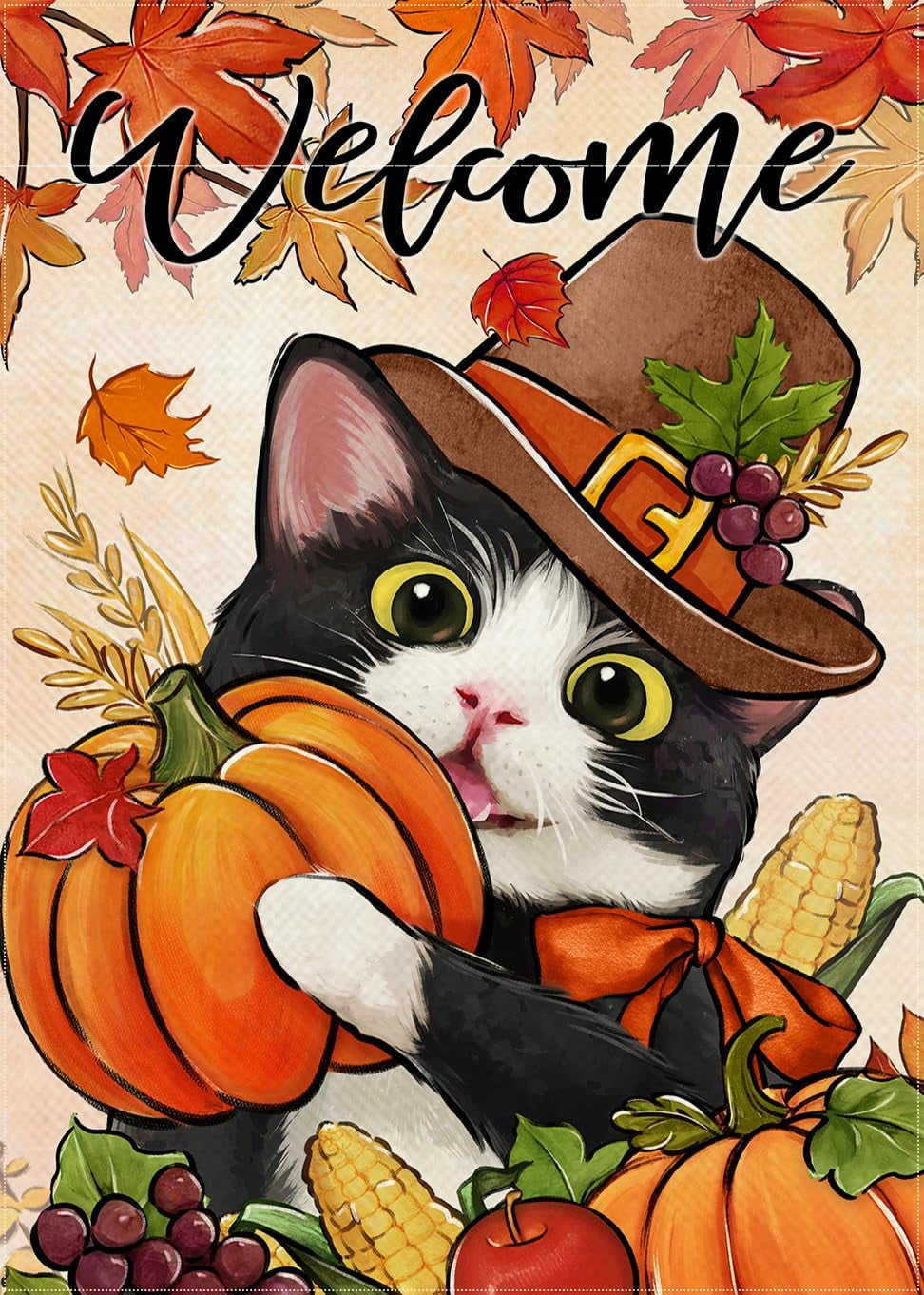 Welcome Fall Thanksgiving Tuxedo Cat Decorative Garden Flag, Autumn Harvest Pumpkin Pet Yard ...