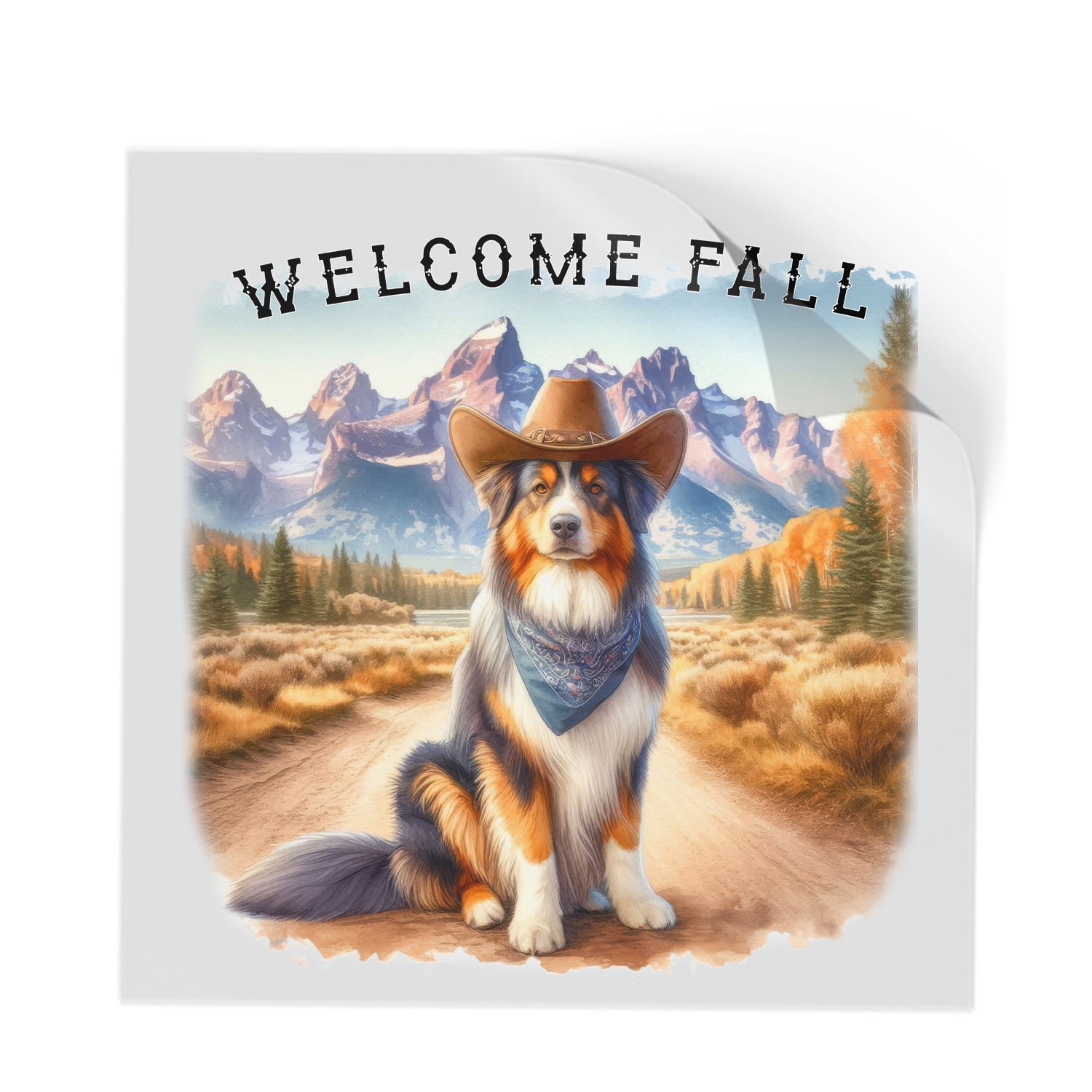 Welcome Fall Western Cowboy Australian Shepherd Enjoys Majestic Autumn Cutout Transfer Sticker ...