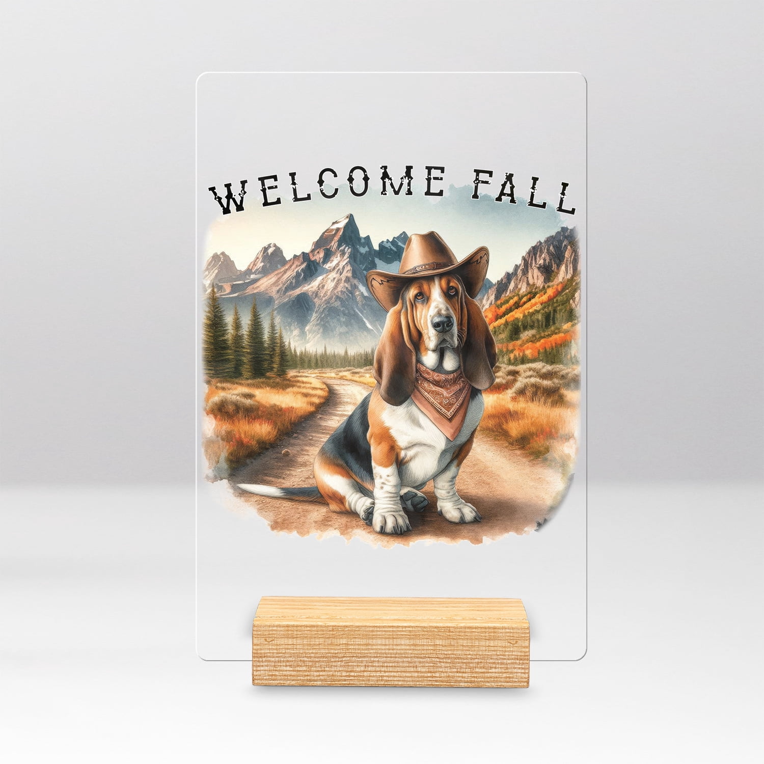 Welcome Fall Western Cowboy Basset Hound Enjoys Majestic Autumn Acrylic ...