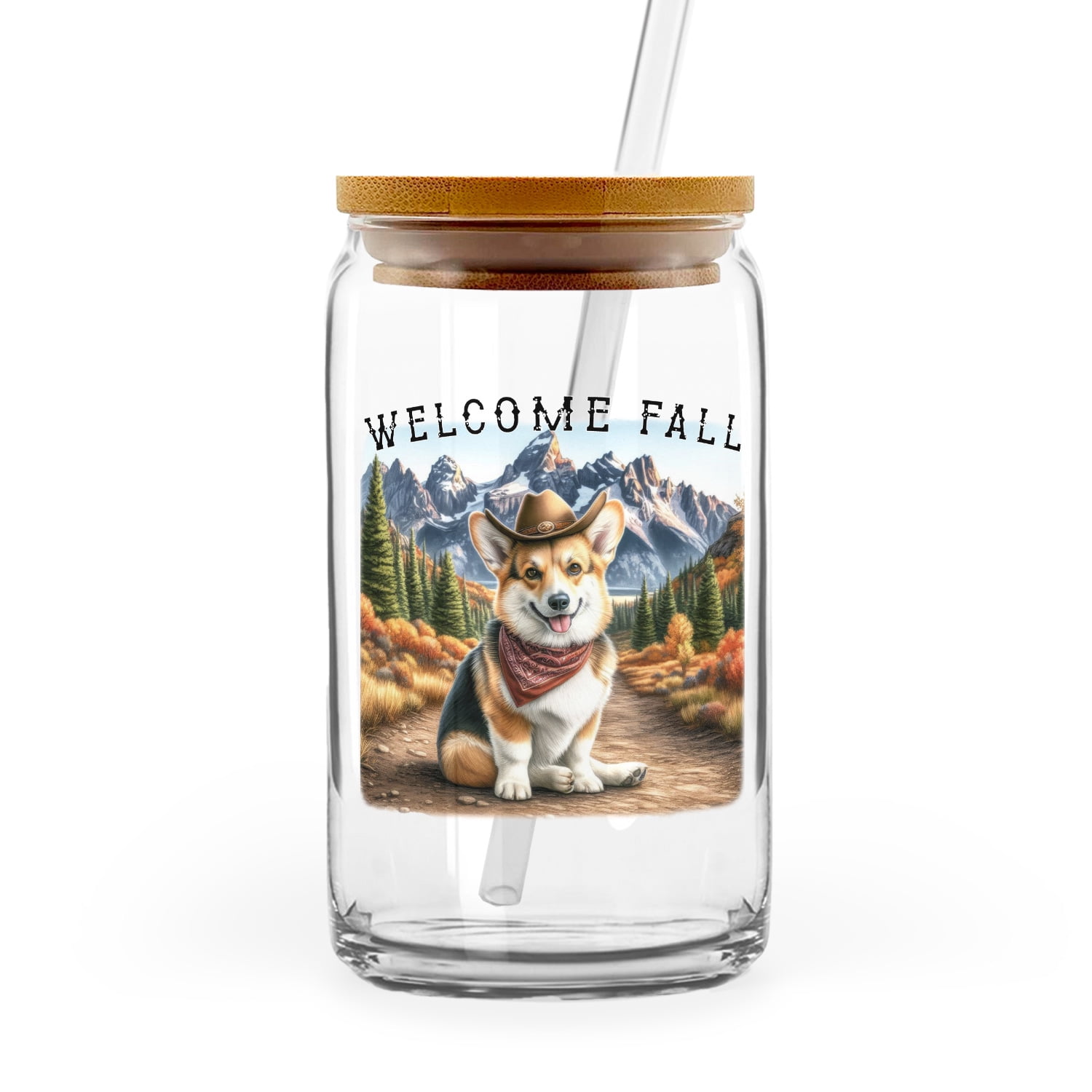 Welcome Fall Western Cowboy Corgi Enjoys Majestic Autumn 16oz Glass Cup ...