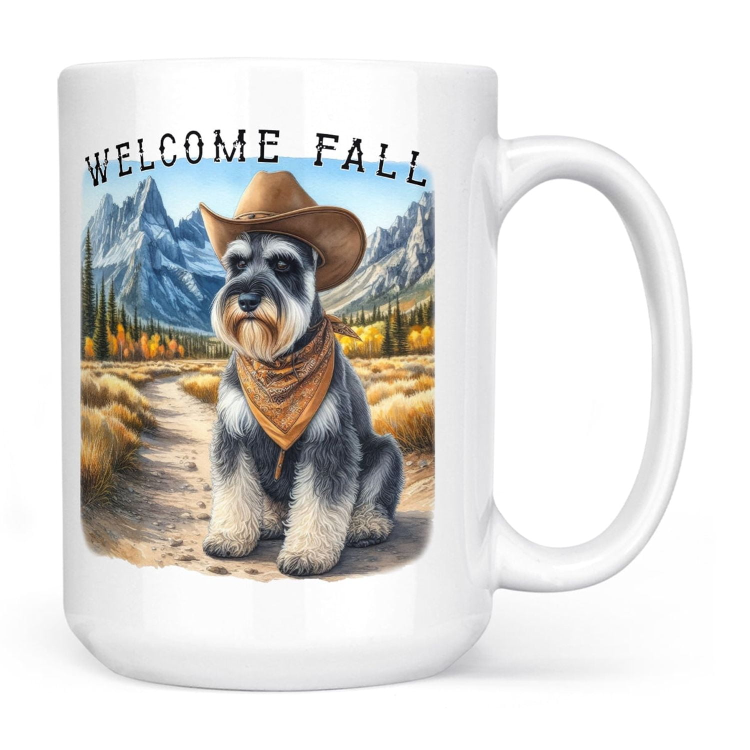 Welcome Fall Western Cowboy Schnauzer Enjoys Majestic Autumn Mug ...