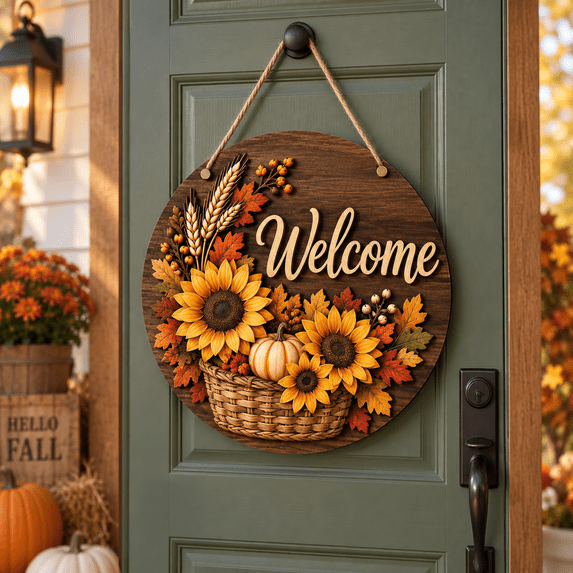 Welcome Fall Wooden Door Sign, Sunflower Basket Harvest Hanging for ...
