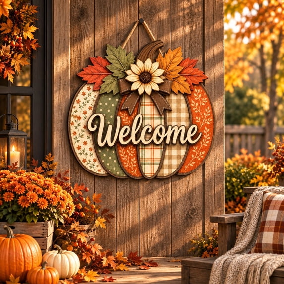 Welcome Fall Wooden Door Sign, Sunflower Plaid Pumpkin Hanging for ...