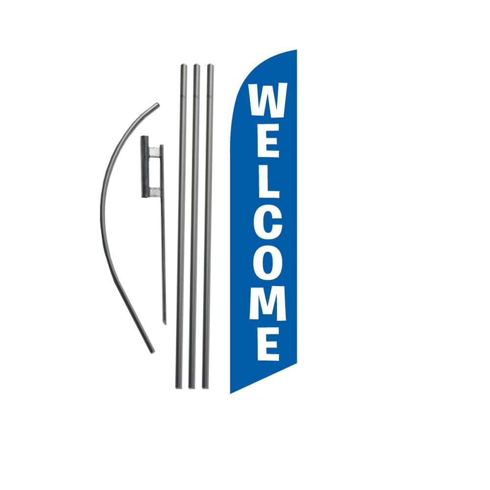 Welcome Feather Flag Kit With Ground Stake 15 Foot Blue Welcome Sign ...