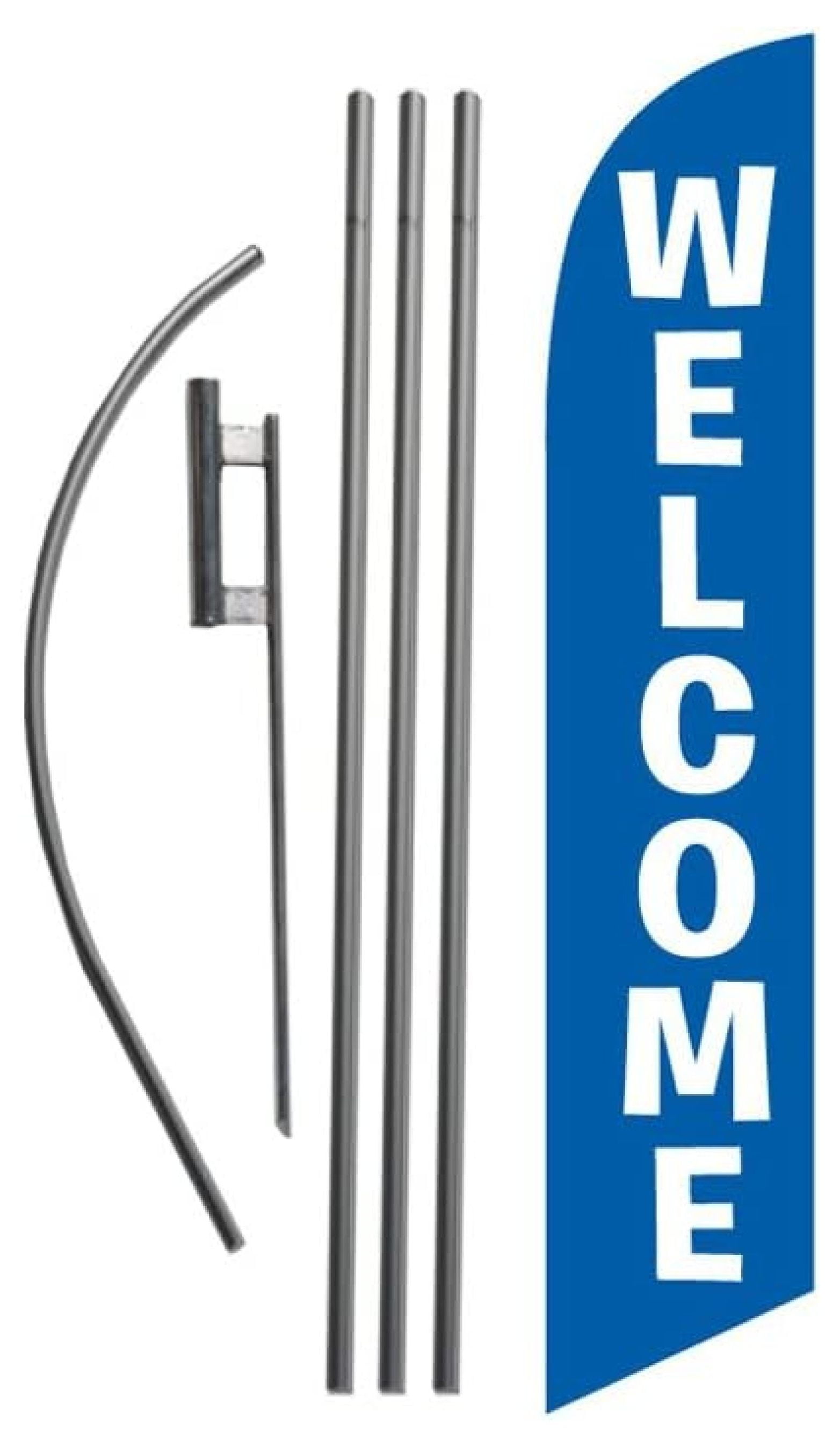 Welcome Flag Kit with Ground Stake 15 foot Blue Welcome Sign Set 5535 ...