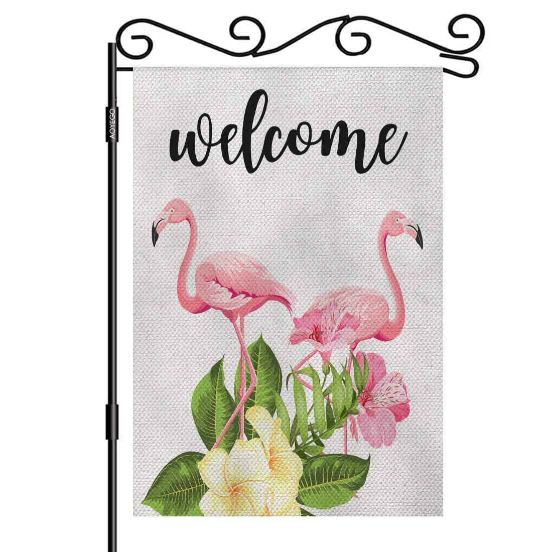 Welcome Flamingo Garden Flag Vertical Double Sided Tropical Flowers ...