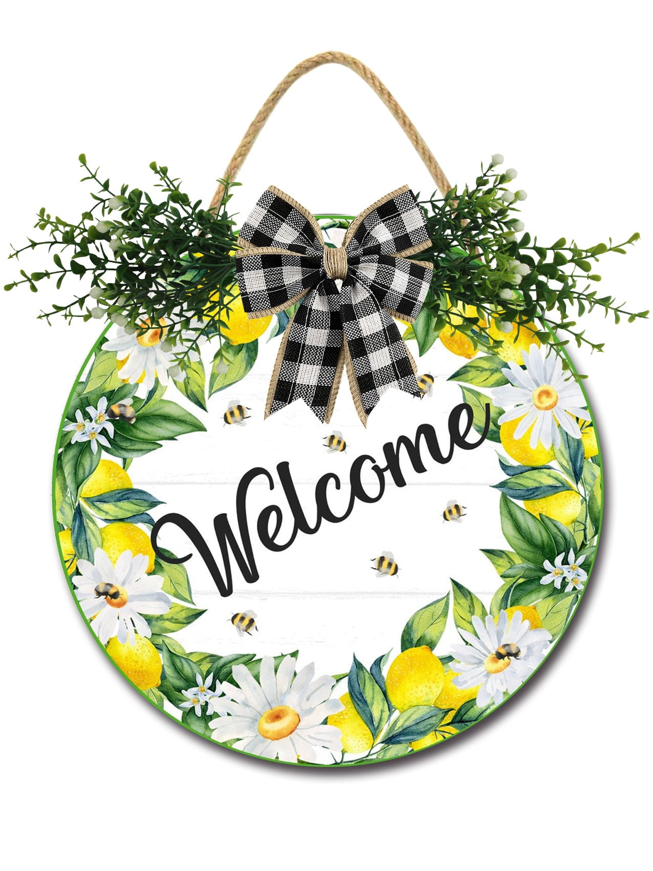 Welcome Floral And Lemon Door Sign Home Decor Round Wood Wreaths Wall ...