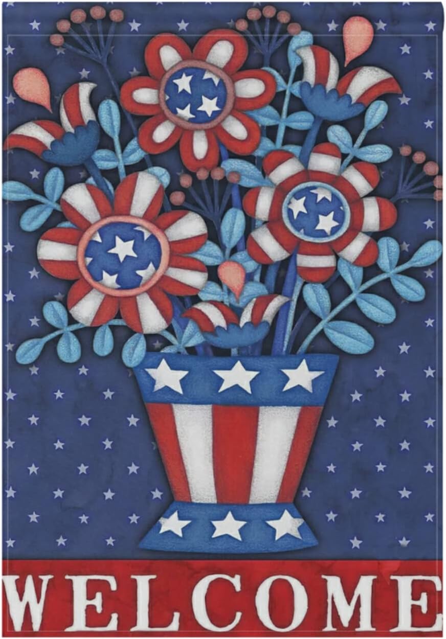 Welcome Flower Blue Usa Flags Garden Flag Vertical Double Sided Spring ...