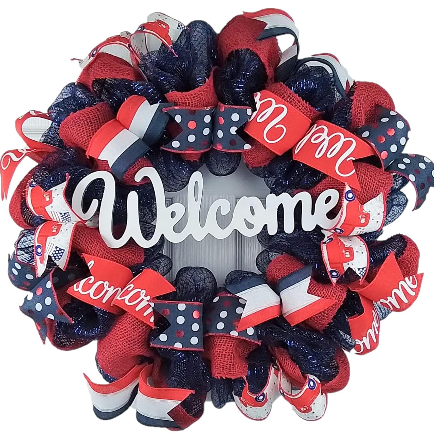 Welcome Fourth of July Independence Day Mesh Door Wreath - Burlap Red White Navy Blue White ...