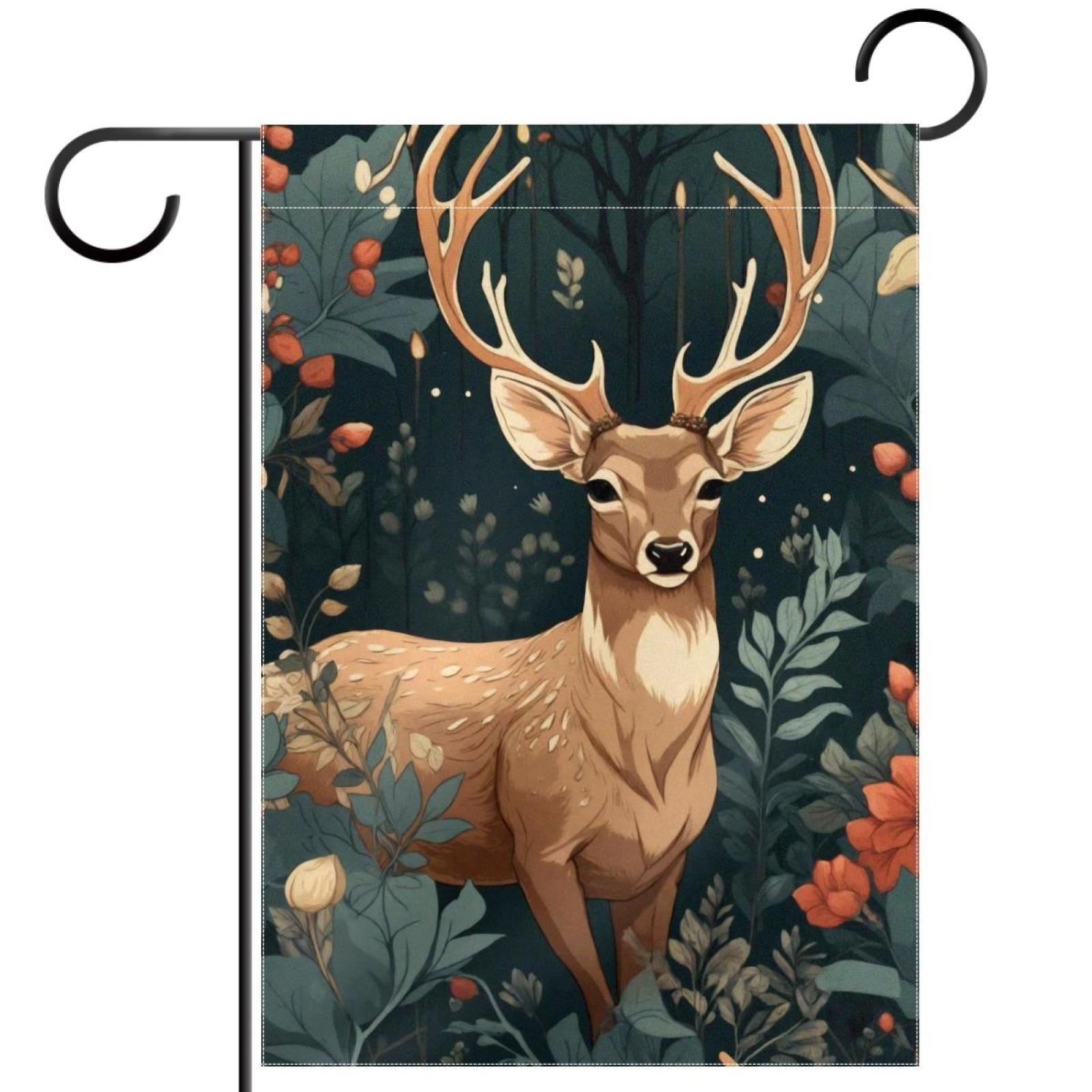 Welcome Froest Deer with Floral Pattern Garden Flag, Vertical Double ...