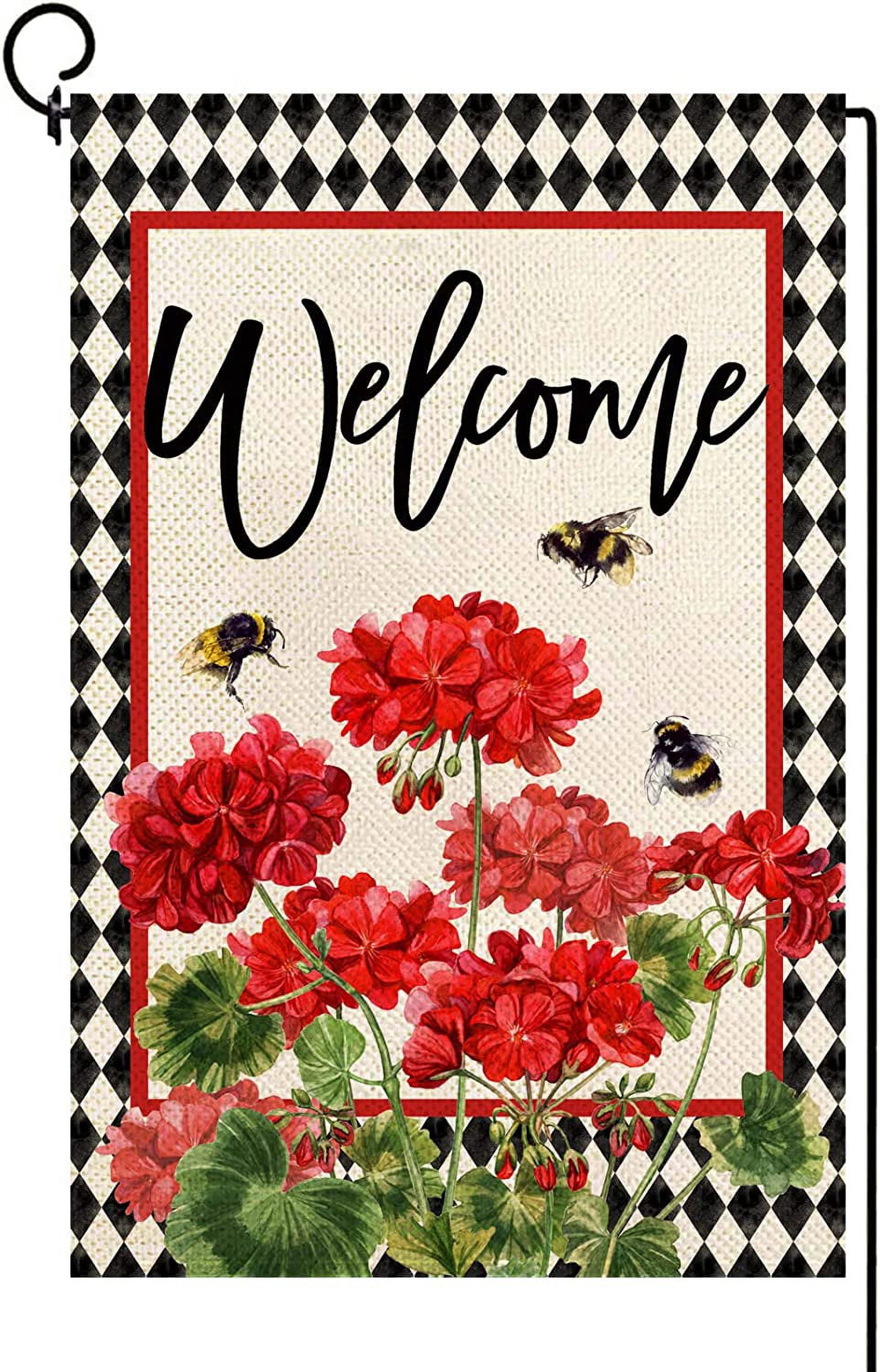 Welcome Garden Flag Double Sided Summer Bee Red Floral Buffalo Plaid ...