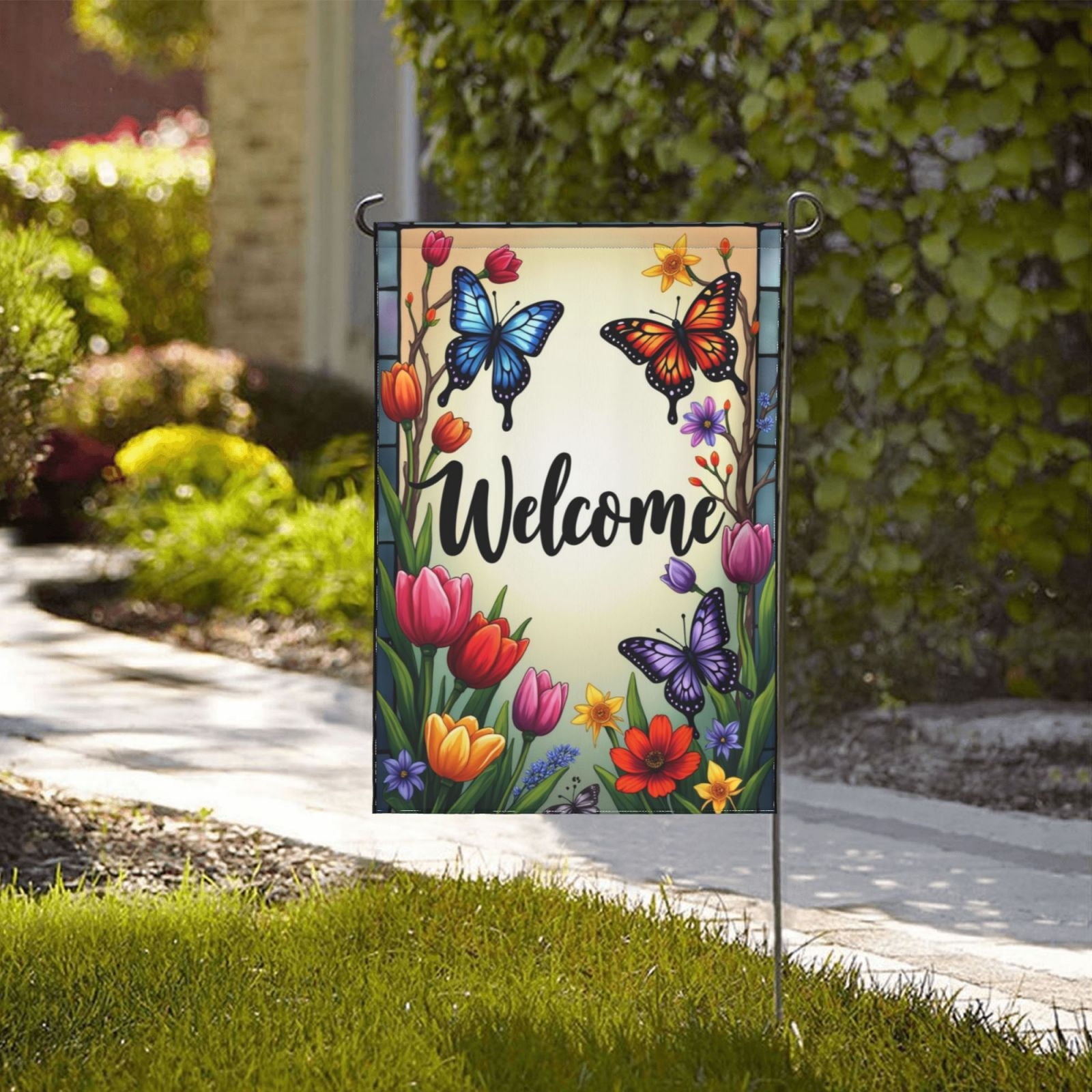 Welcome Garden Flag For Outside Stained Glass Butterfly Colorful Flower ...