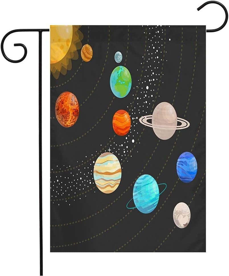 Welcome Garden Flag Vertical Pluto World Globe Solar Planet System Orbiting Planets Flat Design