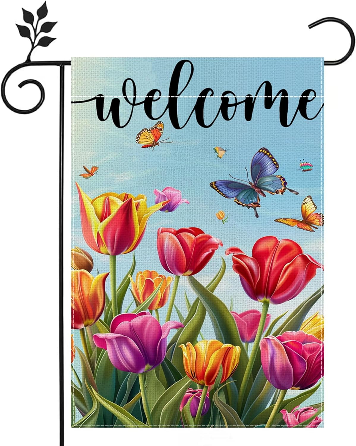 Welcome Garden Flags, Butterfly Tulip Garden Flag, Vertical Double ...