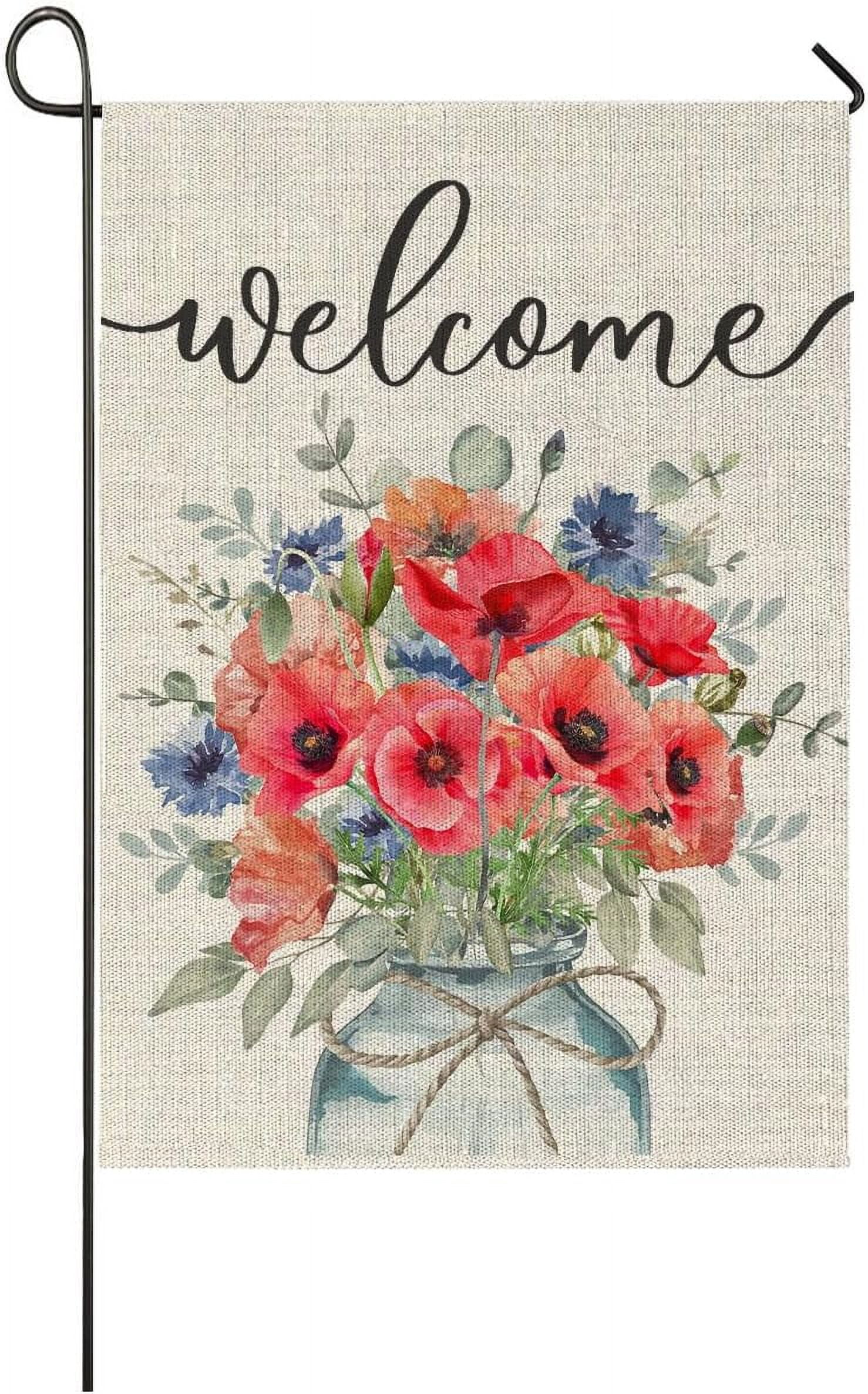 Welcome Garden Flags Mason Jar Double Sided Red Watercolor corn poppy ...